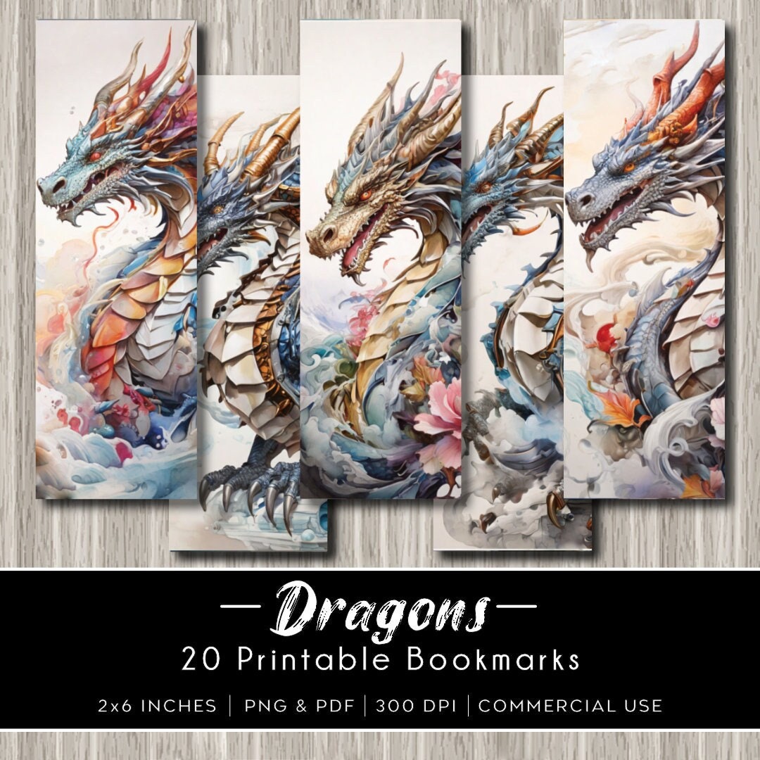 20 Magical Dragons Printable Digital Bookmarks for Literary Journeys ...