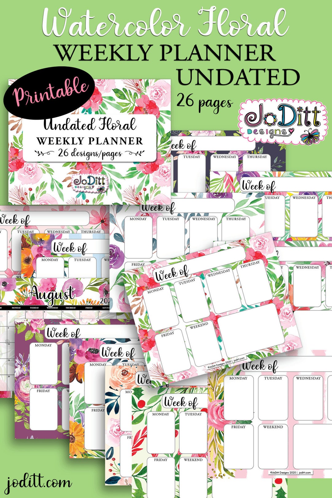 Undated Weekly Planner Printable With Watercolor Floral Backgrounds ...