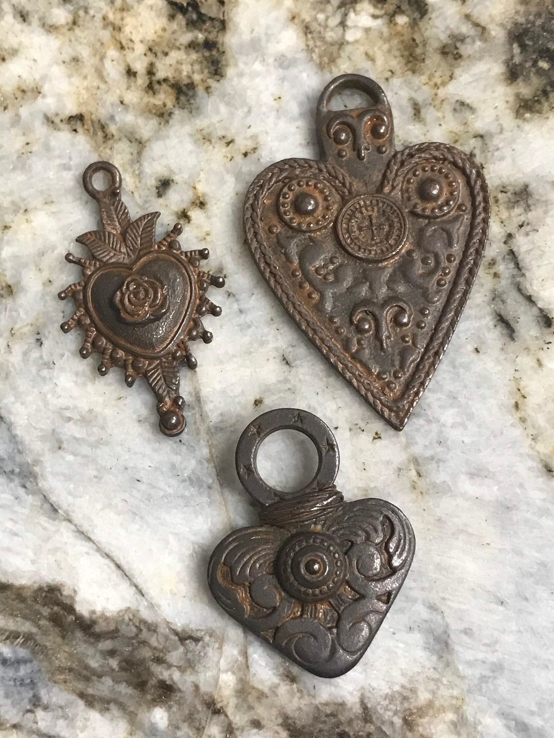 1 Pc Pewter Rugged Milagros Heart Cross Religious Pendant Altered Art ...