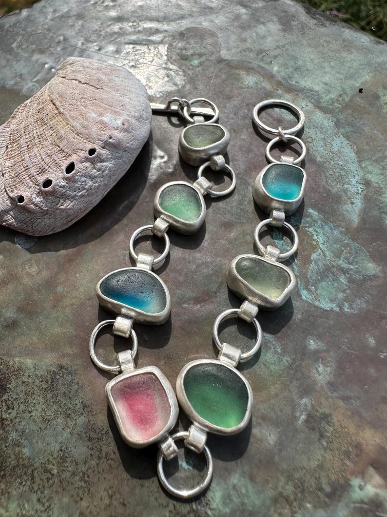 Multi-colored Sea Glass and Sterling Silver Bracelet - Etsy