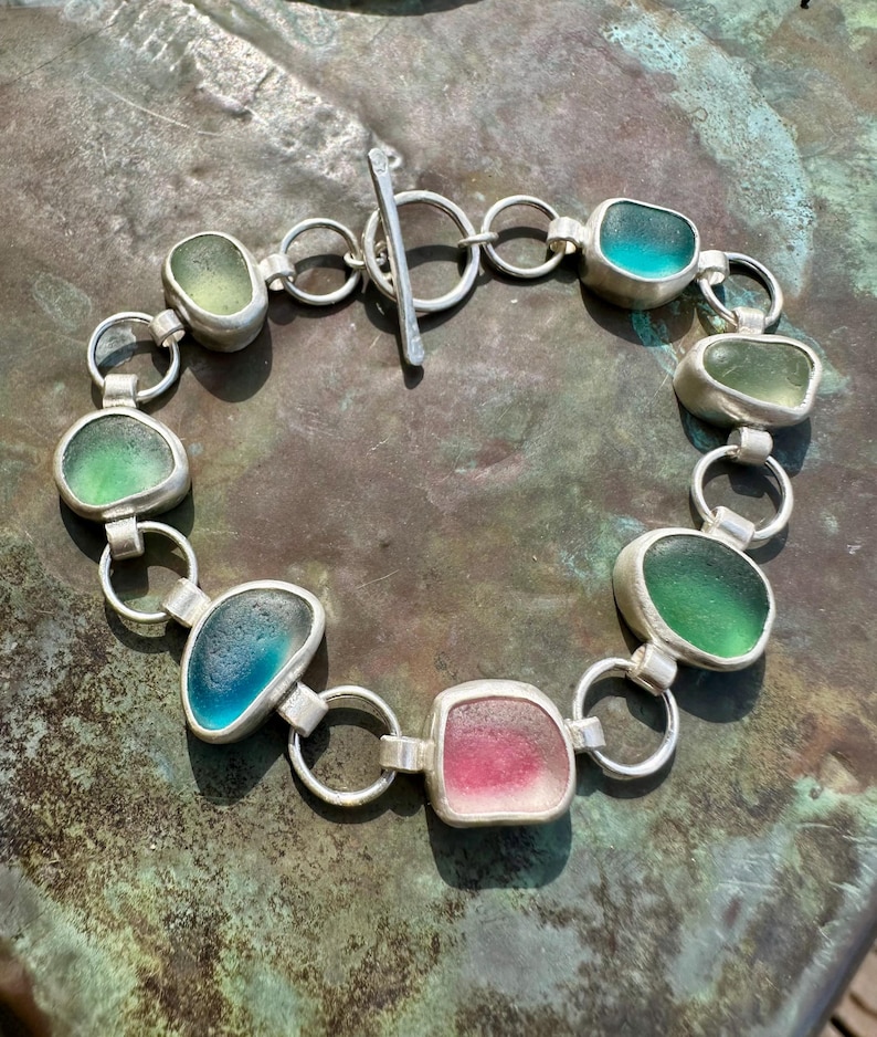 Multi-colored Sea Glass and Sterling Silver Bracelet - Etsy