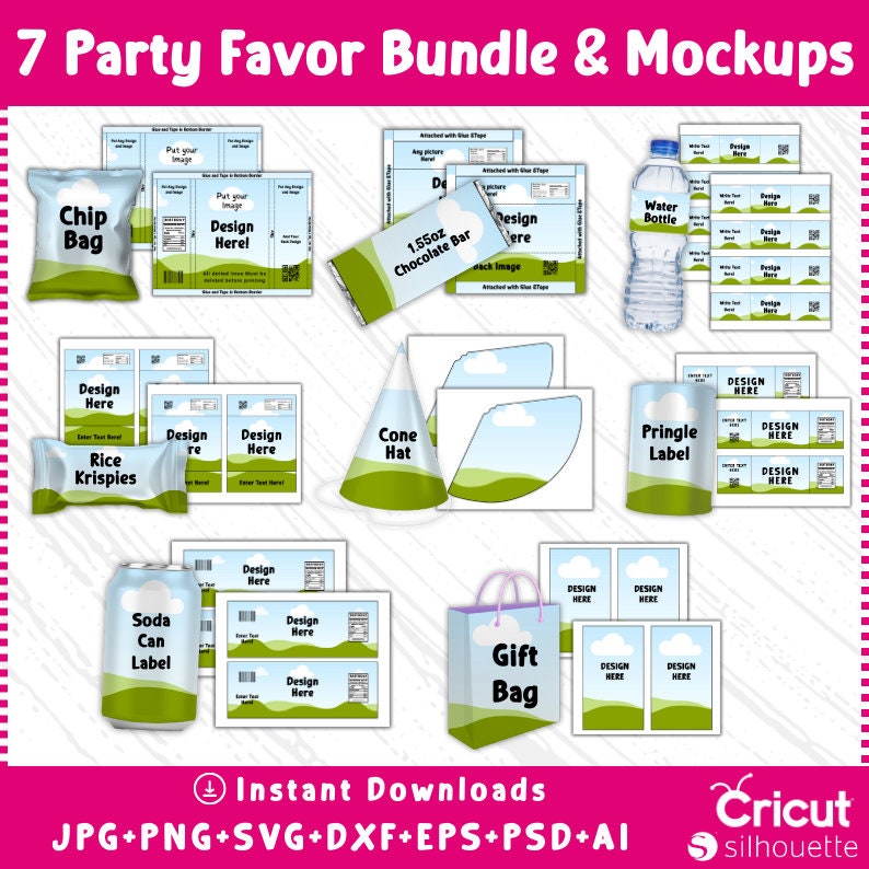 7 Party Favors Template Bundle, Party Favor Mockup, Chip Bag, Rice ...