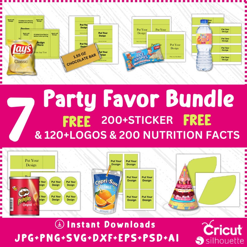 7 Party Favor Template Bundle, Chip Bag Template, Chocolate Bar , Water ...