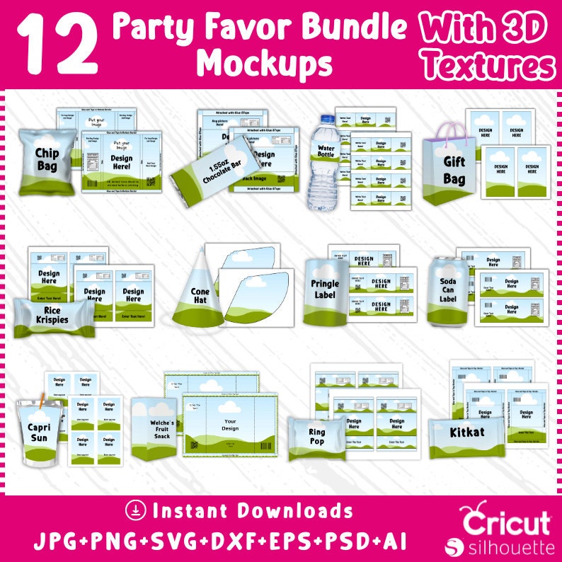 12 Party Favor Templates Bundle, Party Favor Mockups, Chip Bag Template ...