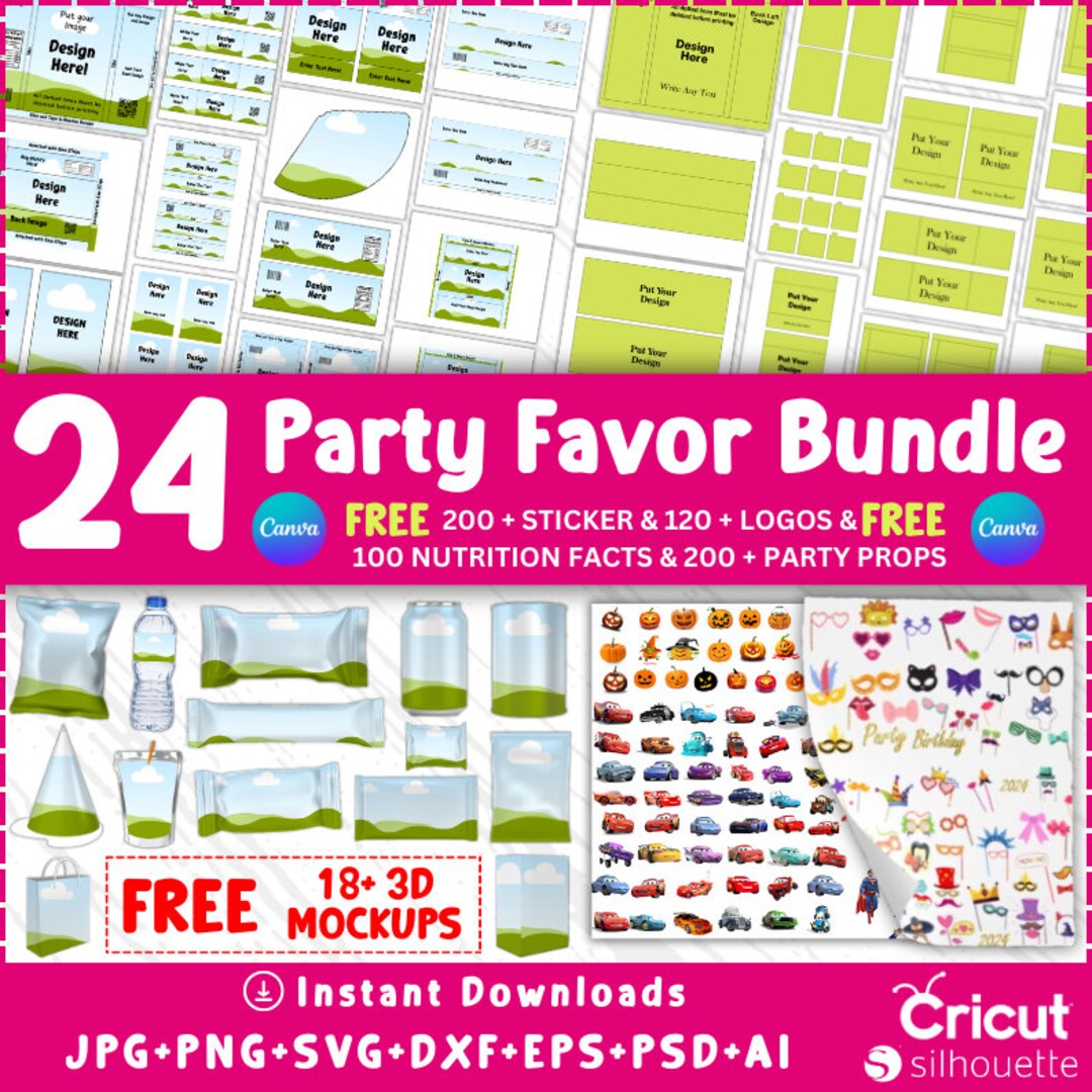24 Party Favor Templates Bundle, Party Favor Mockups, Chip Bag Template ...