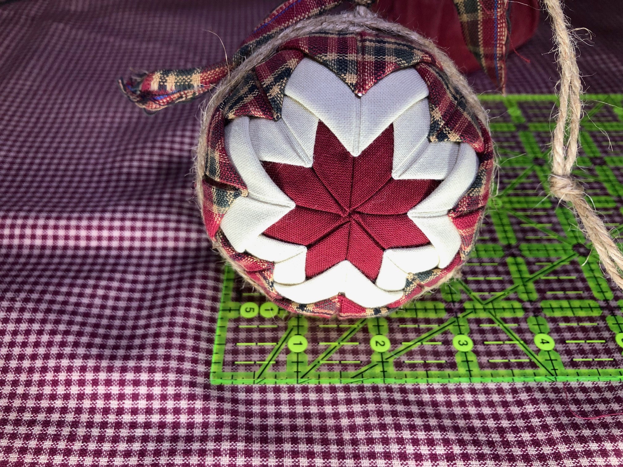 Handmade Finished Quilted Ball Christmas Ornament Homespun Red With ...