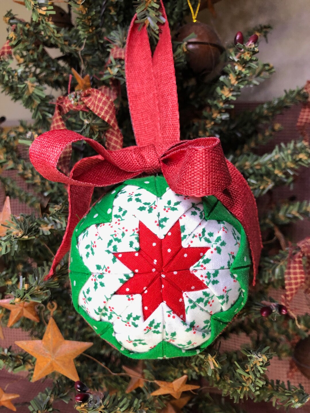 Handmade Finished Quilted Ball Christmas Ornament Green White Red ...