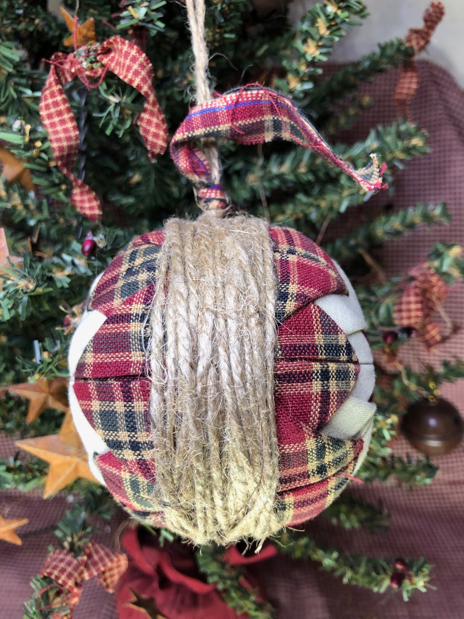 Handmade Finished Quilted Ball Christmas Ornament Homespun Red With ...