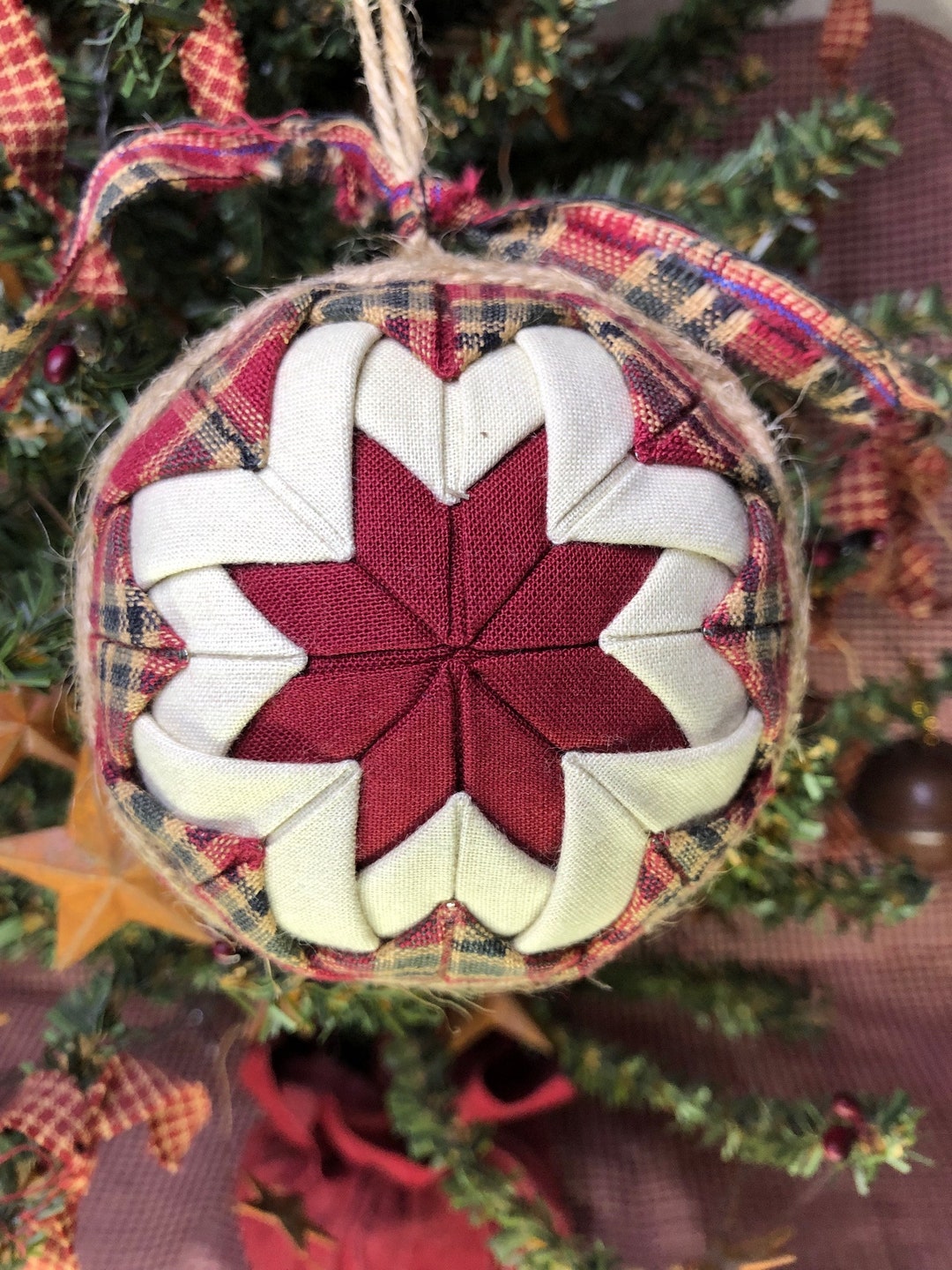 Handmade Finished Quilted Ball Christmas Ornament Homespun Red With Bugundy and White and Twine ...