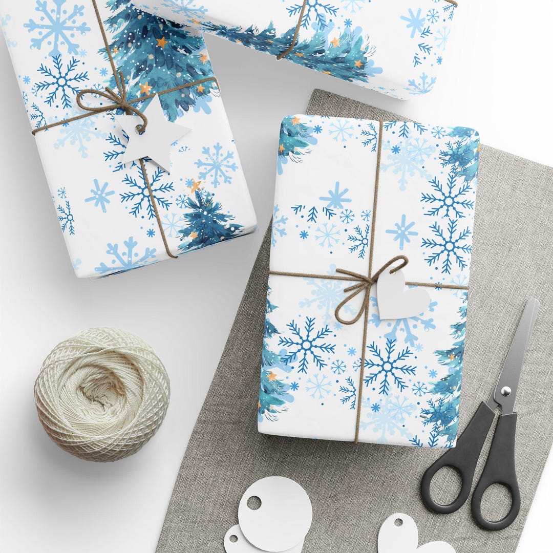 Winter Wonderland Wrapping Paper : Blue Christmas Tree and Snowflake ...