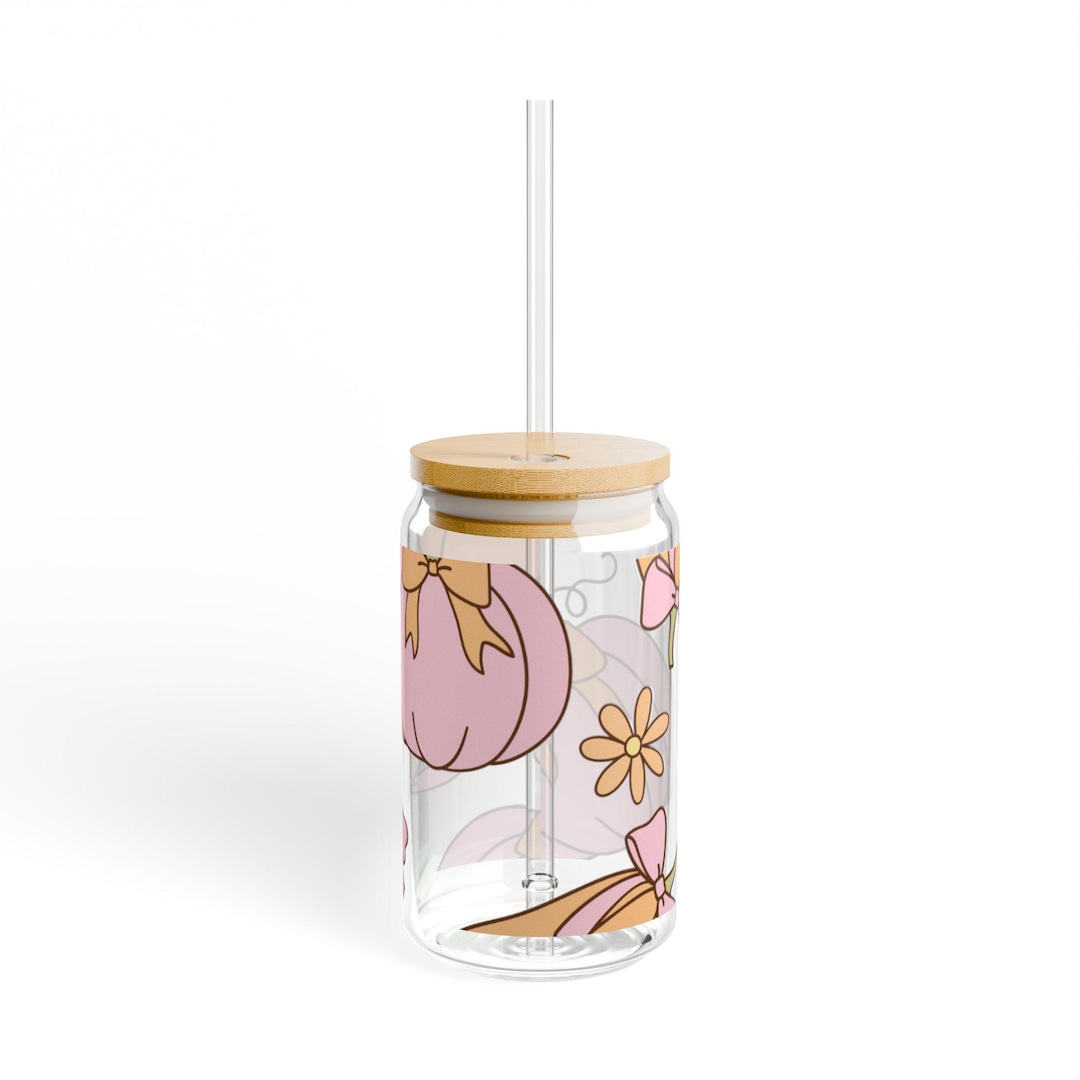 Pink Pumpkin Floral 16oz Glass Cup With Bamboo Lid & Straw | Aesthetic ...