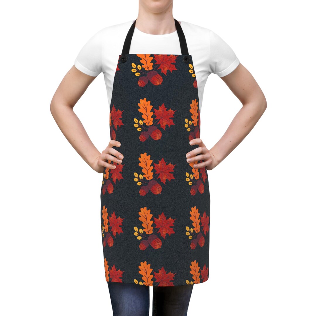 Hello Autumn Navy Blue Apron | Fall Leaves & Pumpkin Kitchen Apron ...