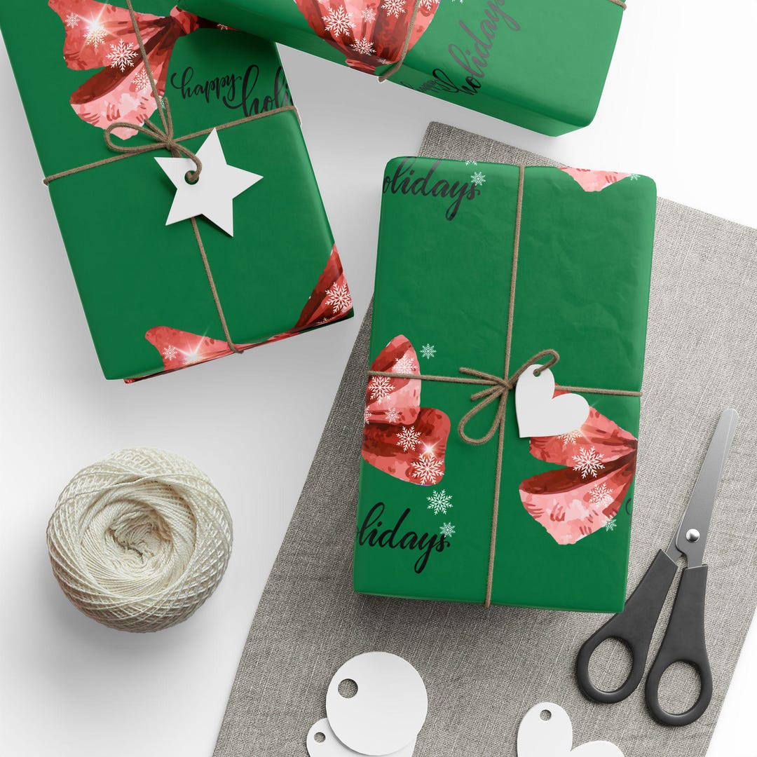 Festive Red Bow Christmas Wrapping Paper : Elegant Green Holiday Gift ...