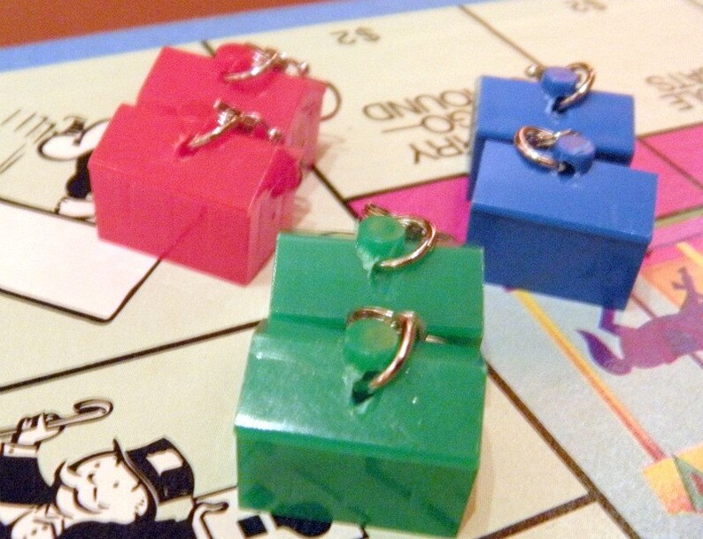 Monopoly Hotel Token Pierced Earrings Game Piece Red Green Yellow - Etsy