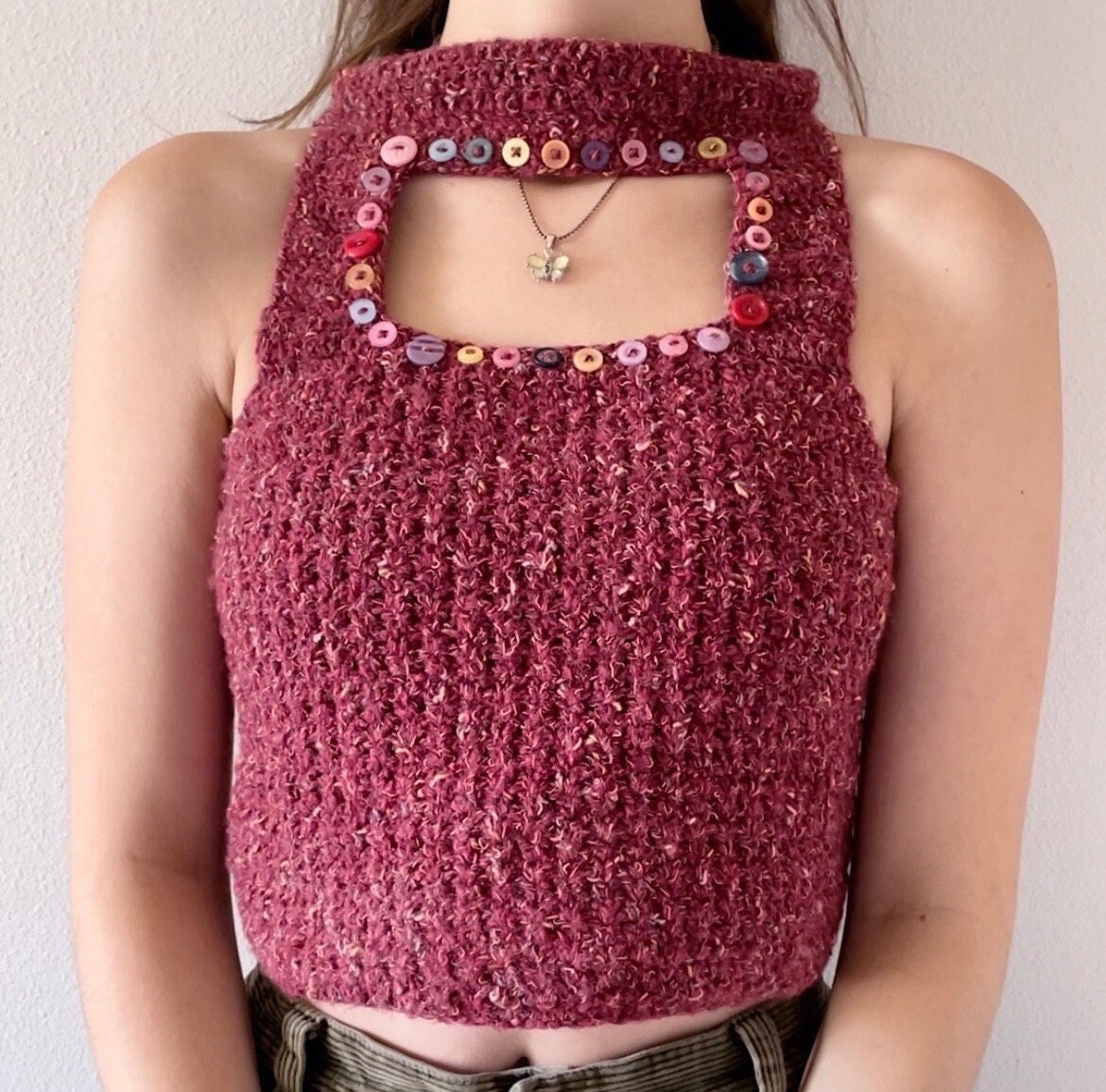 The Button Top| Handmade Crochet Mock Neck Tank Top - Etsy