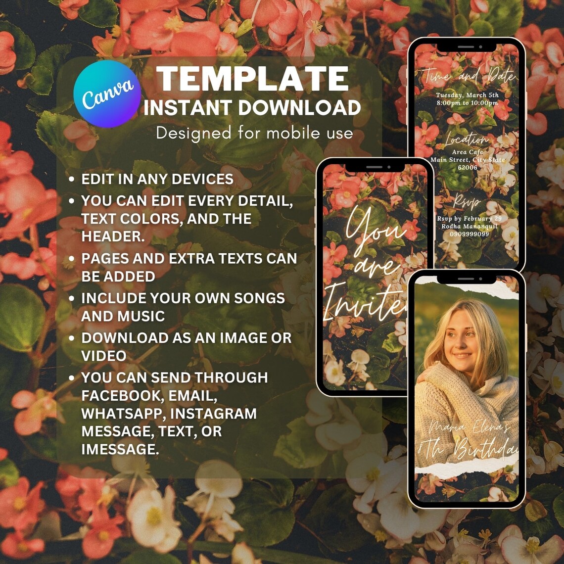 Birthday Invitation Template Flower Themed Invitation Template Birthday ...