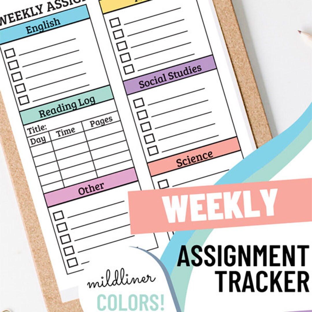 Weekly Assignments Planner Page for Students in Color and Black and White Instant Download and ...