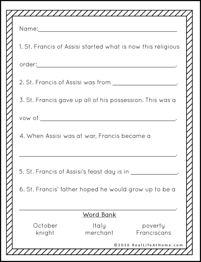 Saint Francis of Assisi Printables Activity Packet - Instant Download ...