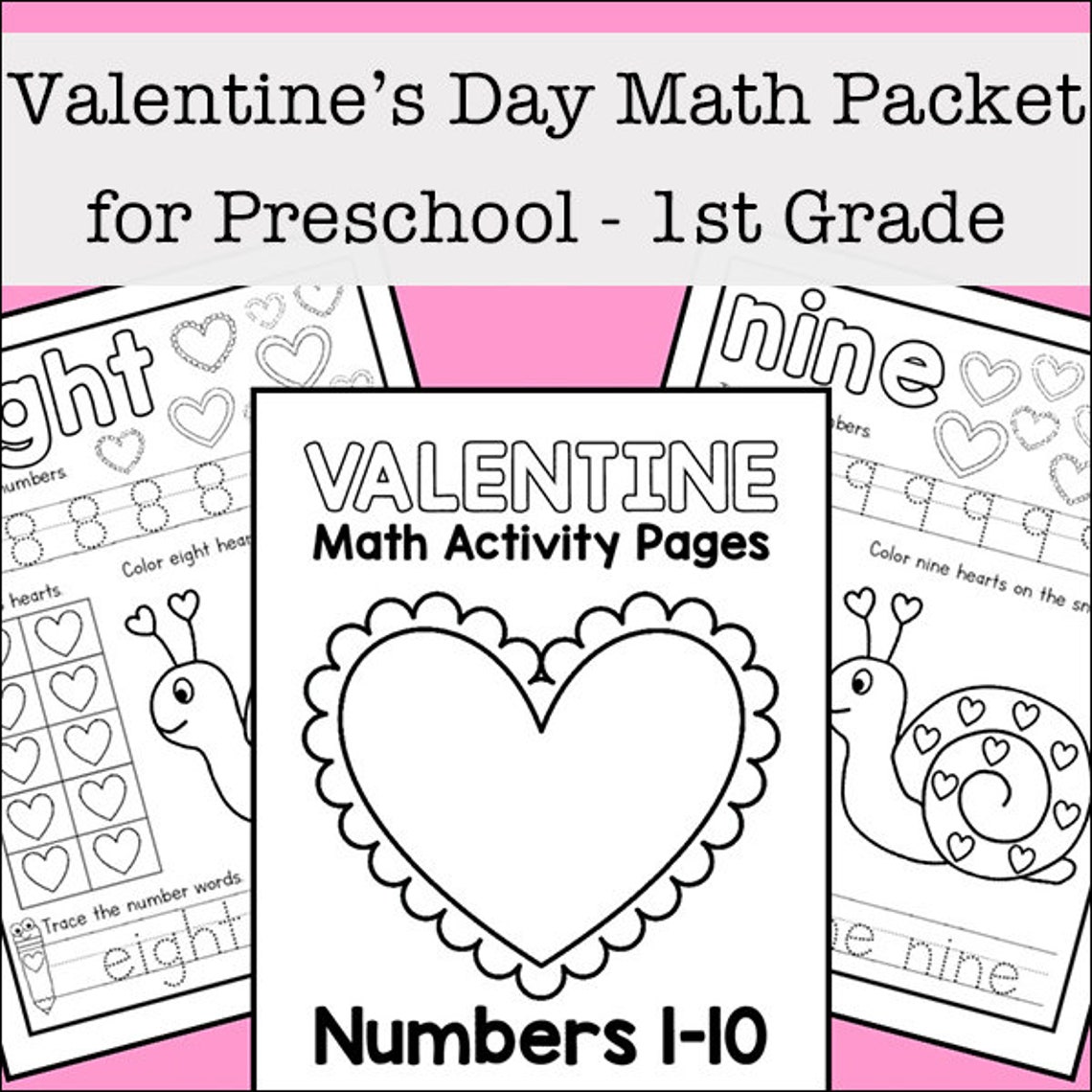 Valentine Math Activity Pages for Numbers 1 - 10 (preschool - 1st Grade ...