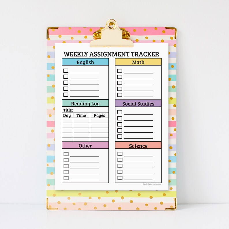 Weekly Assignments Planner Page for Students (in Color and Black and White) - Instant Download ...