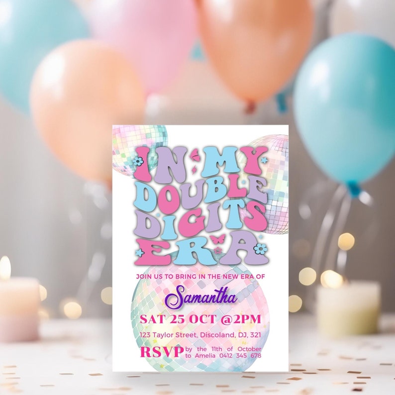 Double Digits Era Birthday Invite, Pink and Purple Glitter Disco ...