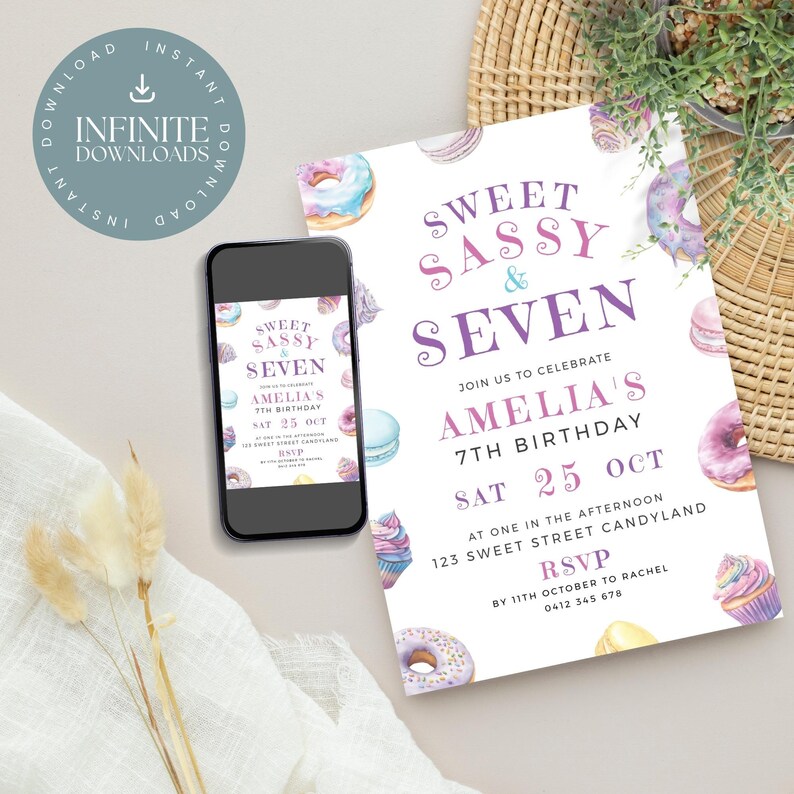 Sweet Sassy and Seven Birthday Party Invite, Donuts, Cupcakes ...