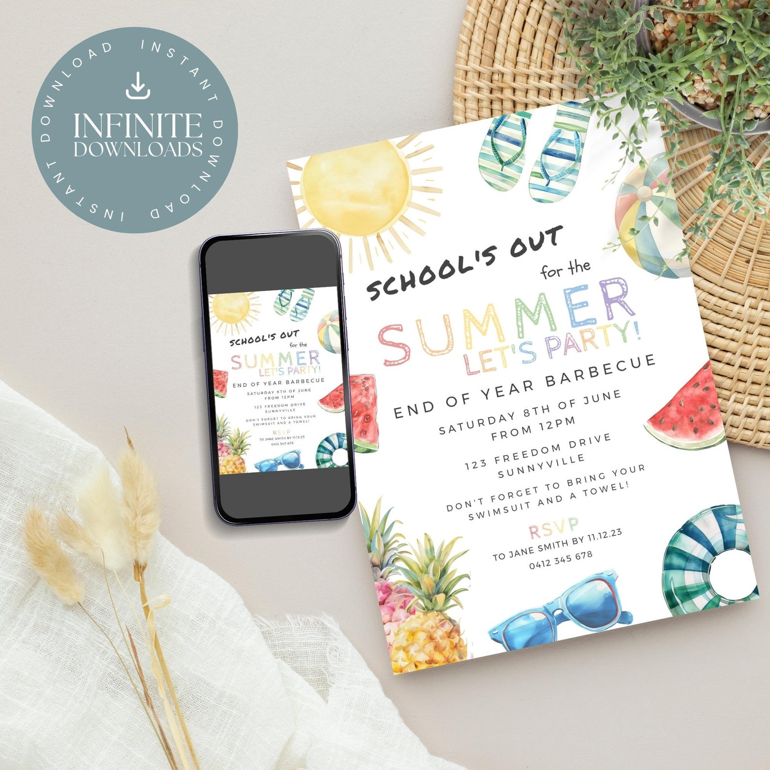 Schools Out for the Summer Party Invite, Watercolor End of Year ...