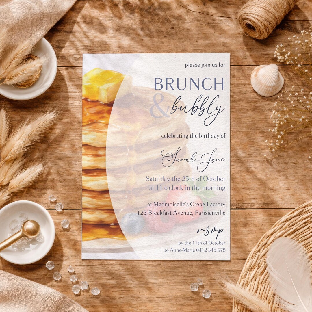 Brunch and Bubbly Birthday Invitation, Pancake Stack, Champagne ...