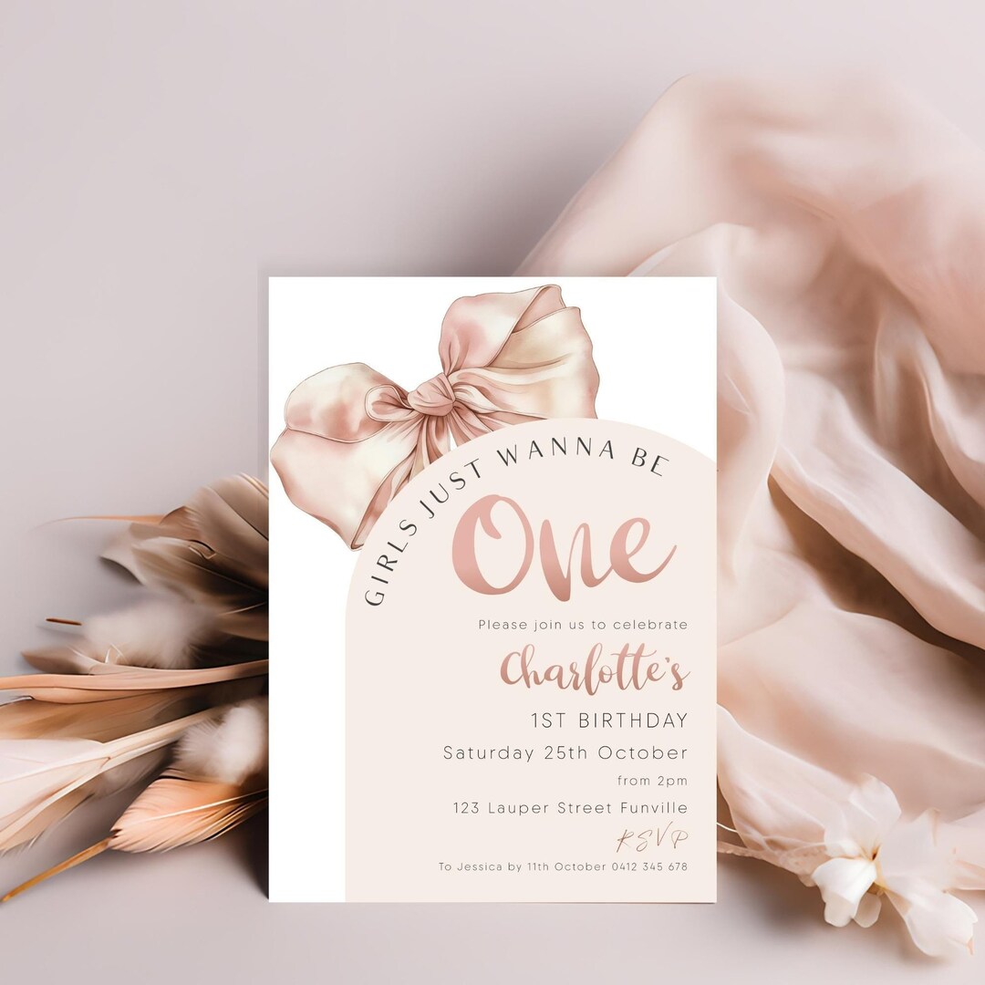 Girls Just Wanna Be One 1st Birthday Party Invite, Pink Satin Bow ...