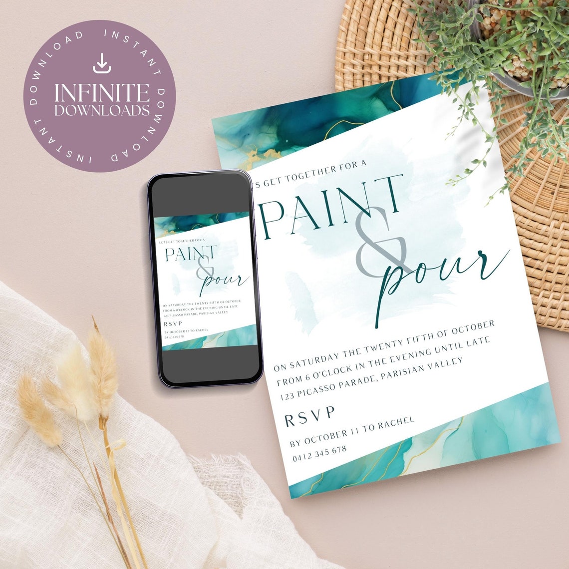 Paint & Pour Green Gold Alcohol Ink Invite, Pinot and Picasso ...