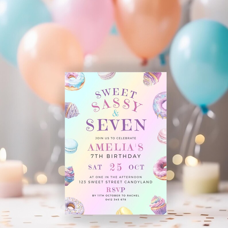 Sweet Sassy and Seven Birthday Party Invite, Donuts, Cupcakes ...