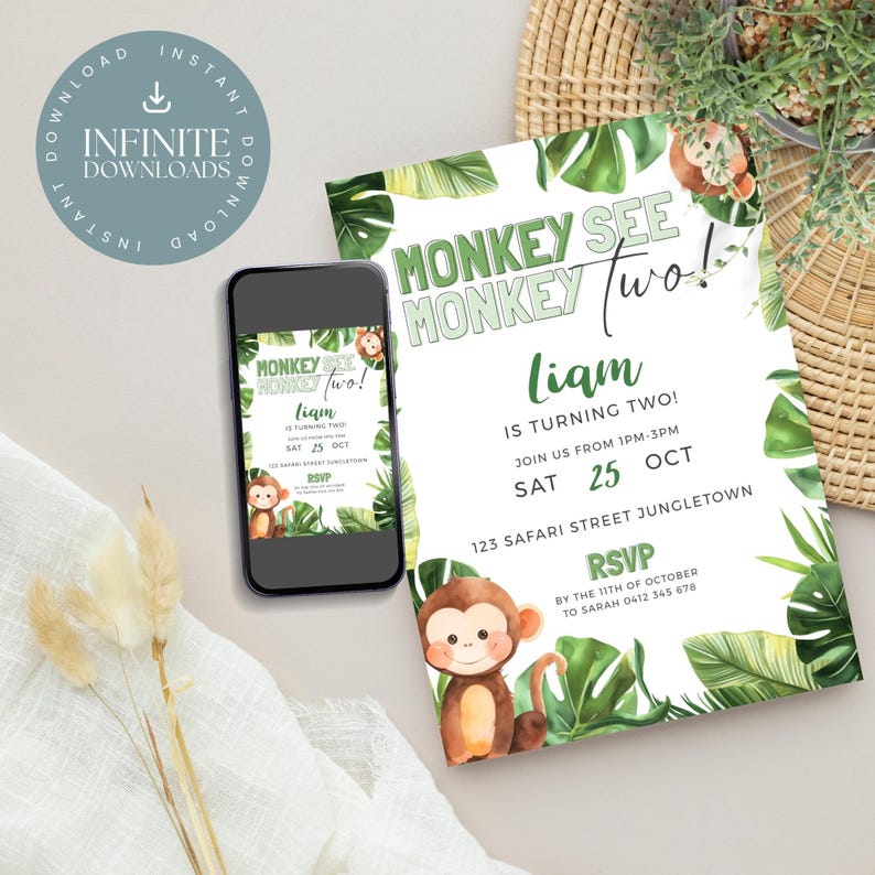 Monkey See Monkey Two 2nd Birthday Party Invite, Watercolor Jungle ...