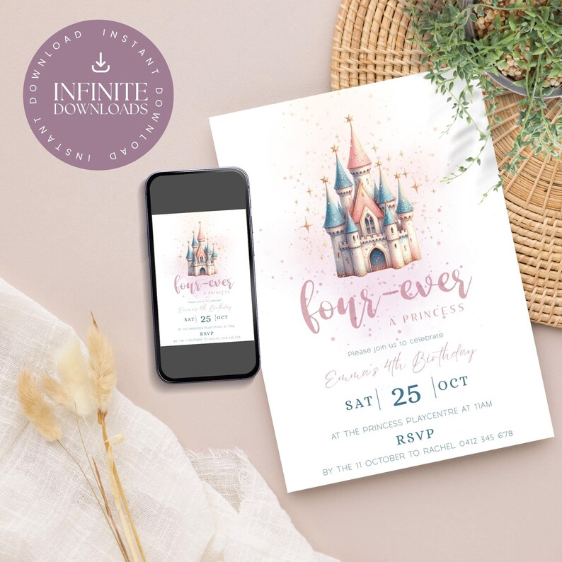 Four Ever Princess 4th Birthday Party Invite, Pink Glitter Castle ...