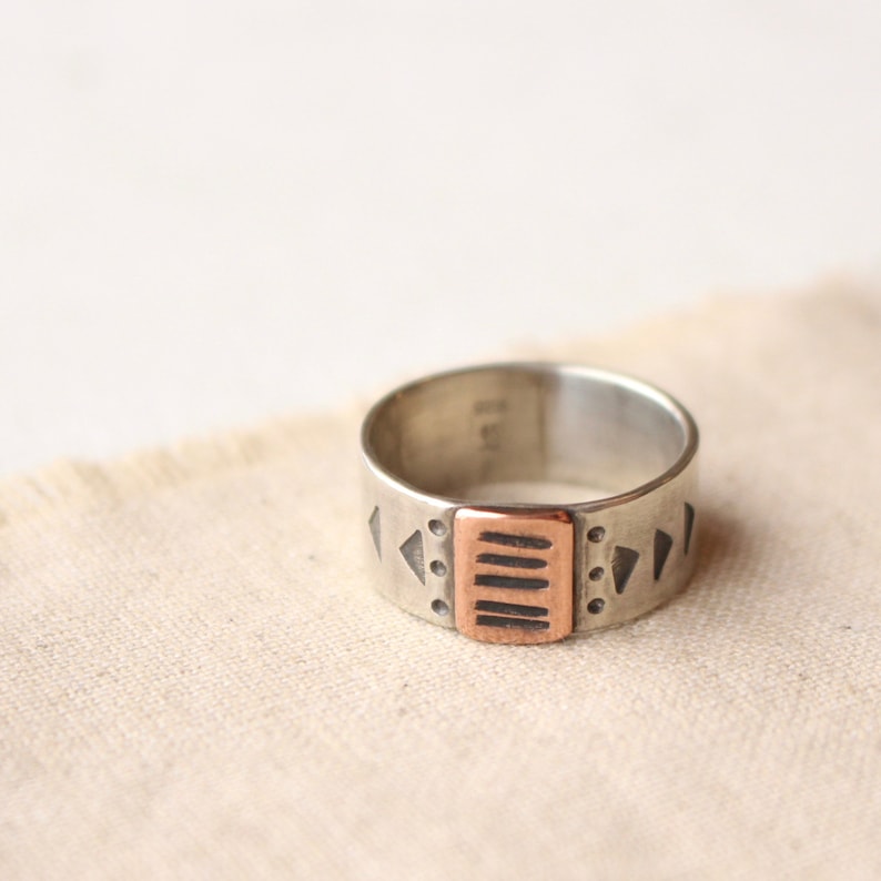 Rustic Copper & Silver Stamped Band Ring, Mixed Metal Unisex Wide Band ...