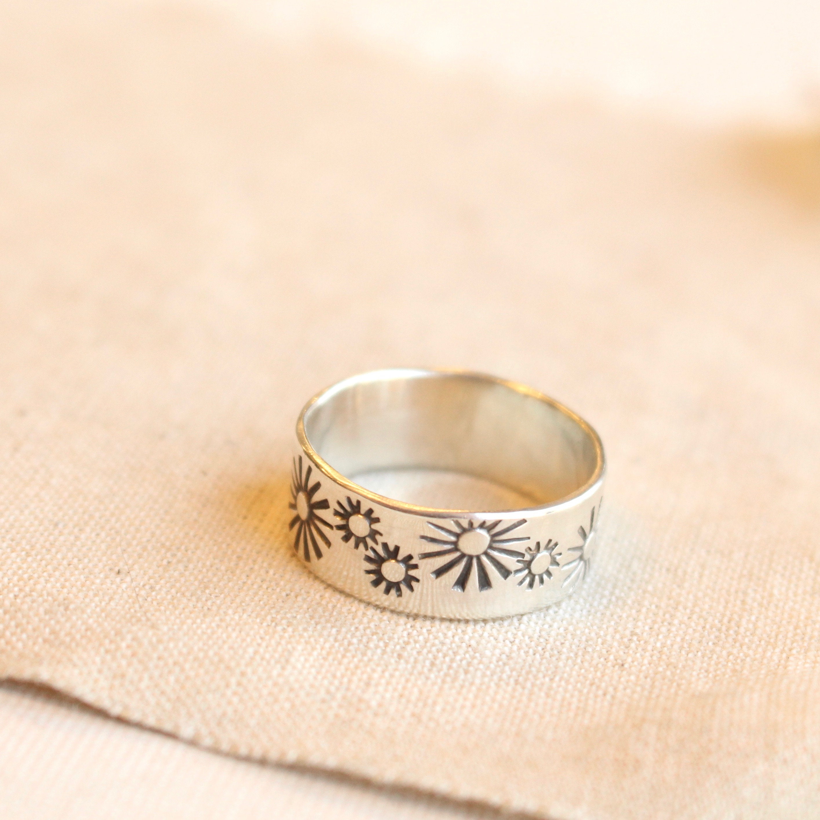 Many Suns Stamped Silver Wide Band Ring, Sunburst Wide Band Ring ...