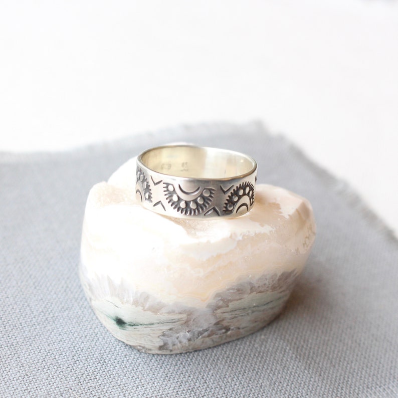 Indian Sun Stamped Silver Band Ring, Unique Stamped Pattern Ring ...