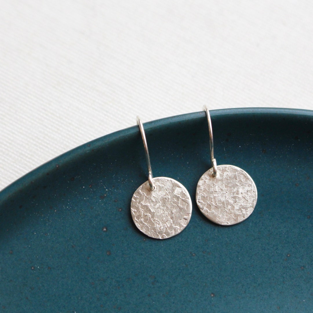 Raw Silk Textured Silver Disc Earrings, Everyday Bright Silver Earrings ...