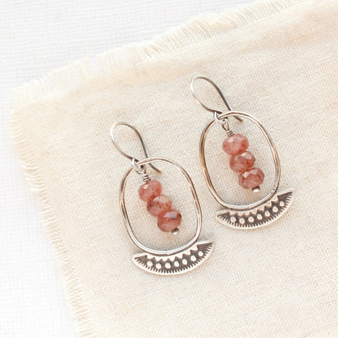 Asmi Oval Hoop Strawberry Quartz Earrings, Bohemian Style Sterling ...