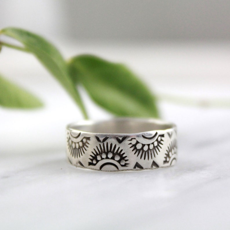 Indian Sun Stamped Silver Band Ring | Etsy
