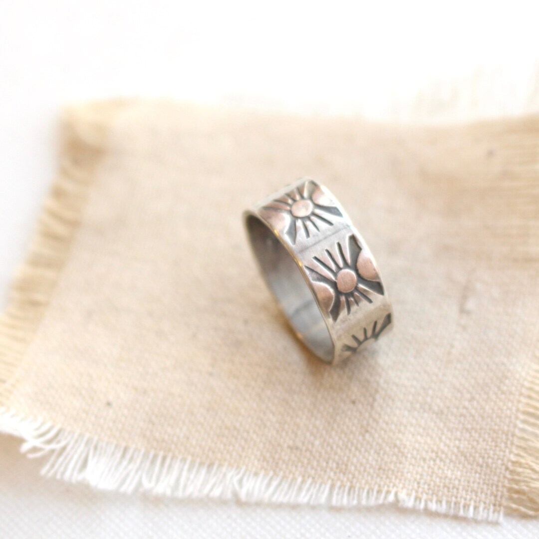 Stamped Silver Industrial Sun Unisex Band Ring, Unique Handmade Wide ...