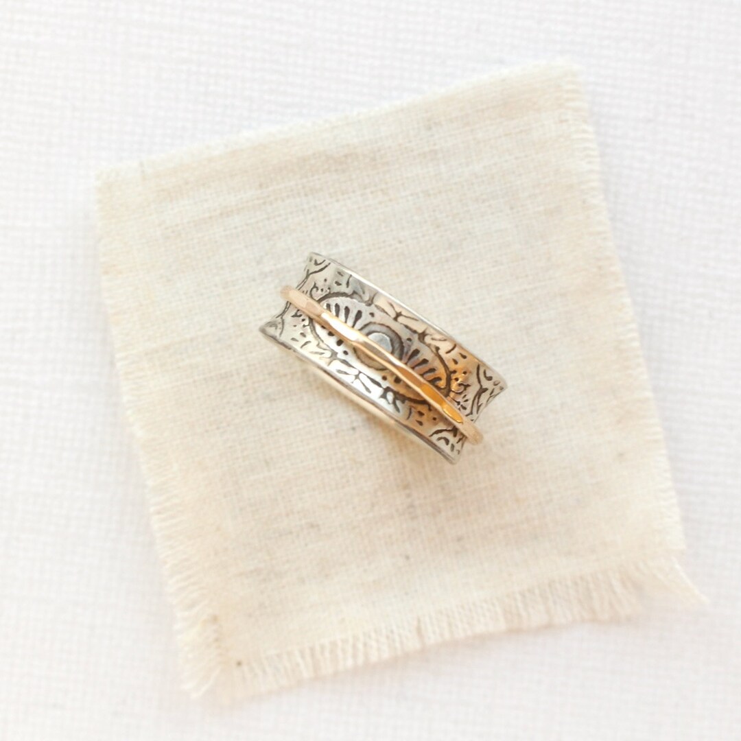 Mixed Metal Pattern Spinner Ring, Sterling Silver & Gold Fill Wide Band ...