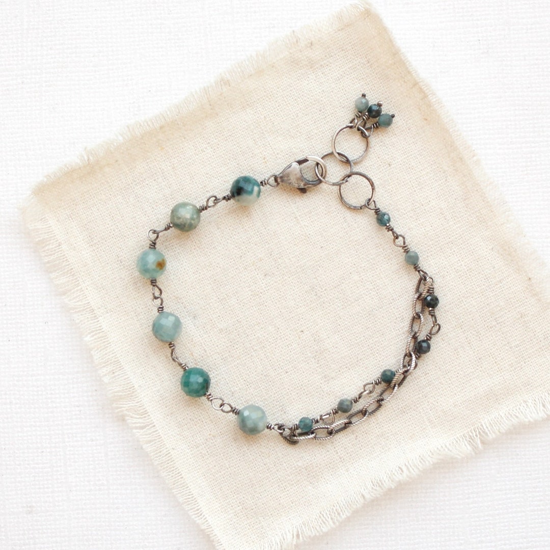 Blue Tourmaline Bracelet, Sterling Silver Chain Double Strand Bracelet ...
