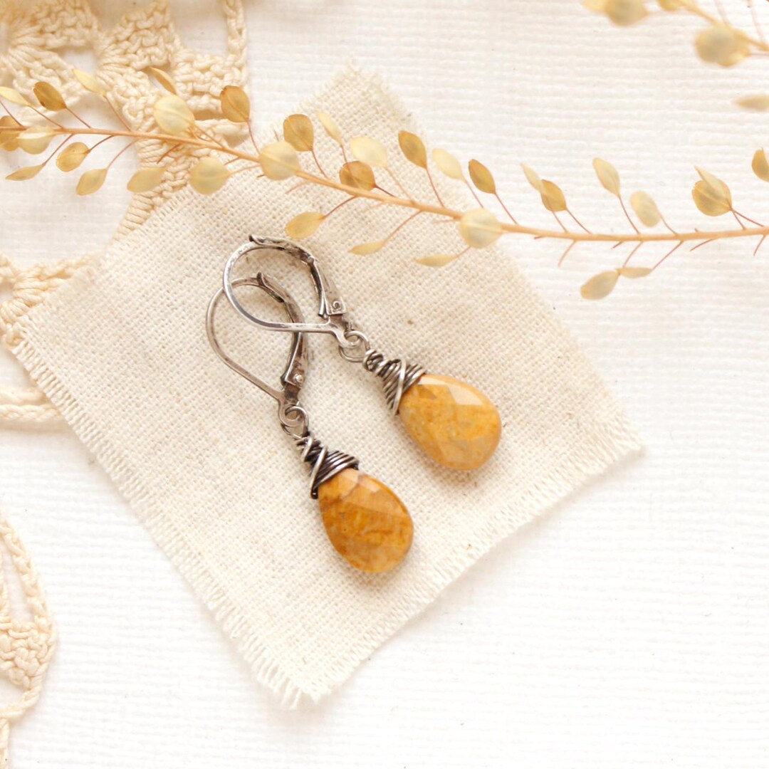 Yellow Feather Jasper Drop Earrings, Unique Dainty Earrings, Gemstone ...