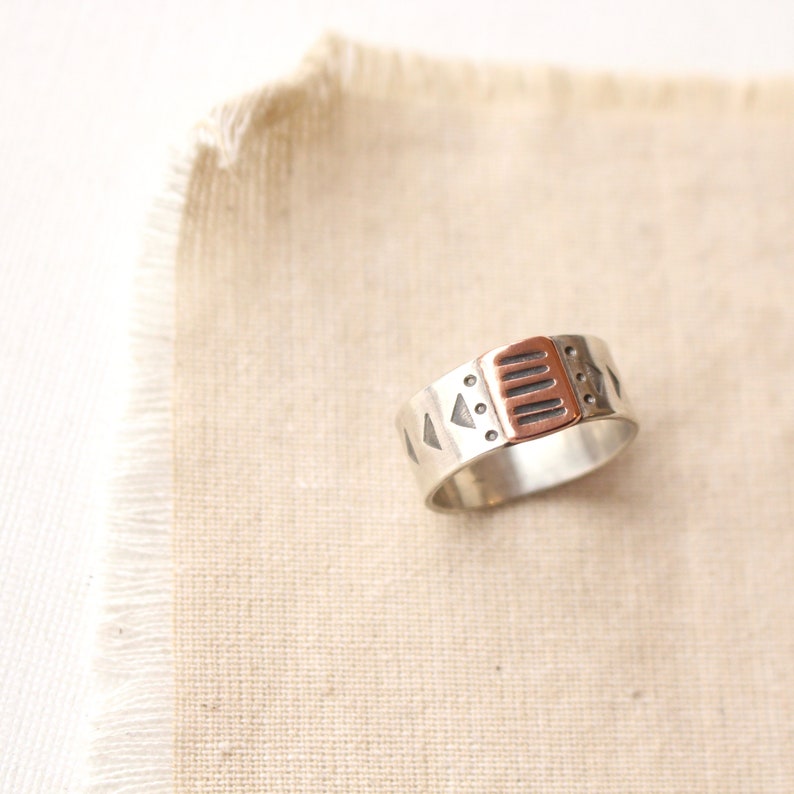 Rustic Copper & Silver Stamped Band Ring, Mixed Metal Unisex Wide Band ...