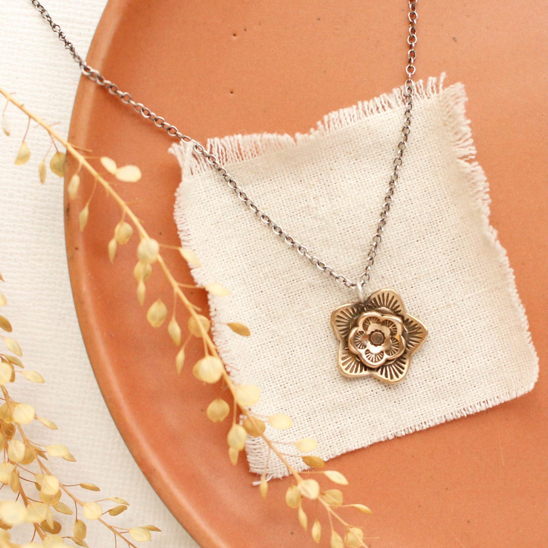 Bronze Layered Cactus Flower Necklace, Intricately Stamped Flower ...