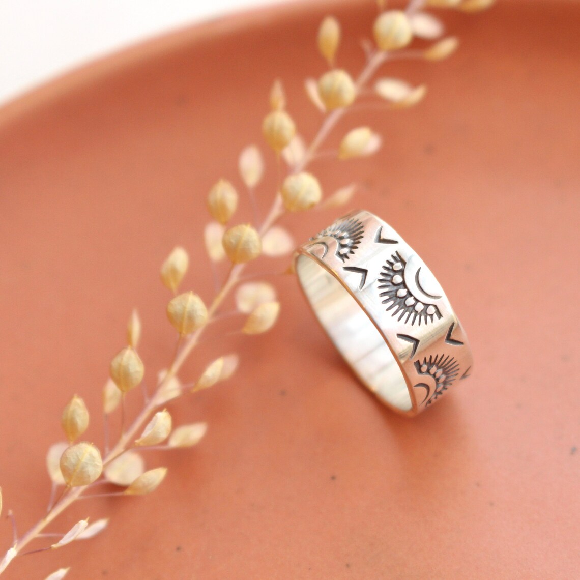 Indian Sun Stamped Silver Band Ring, Unique Stamped Pattern Ring ...