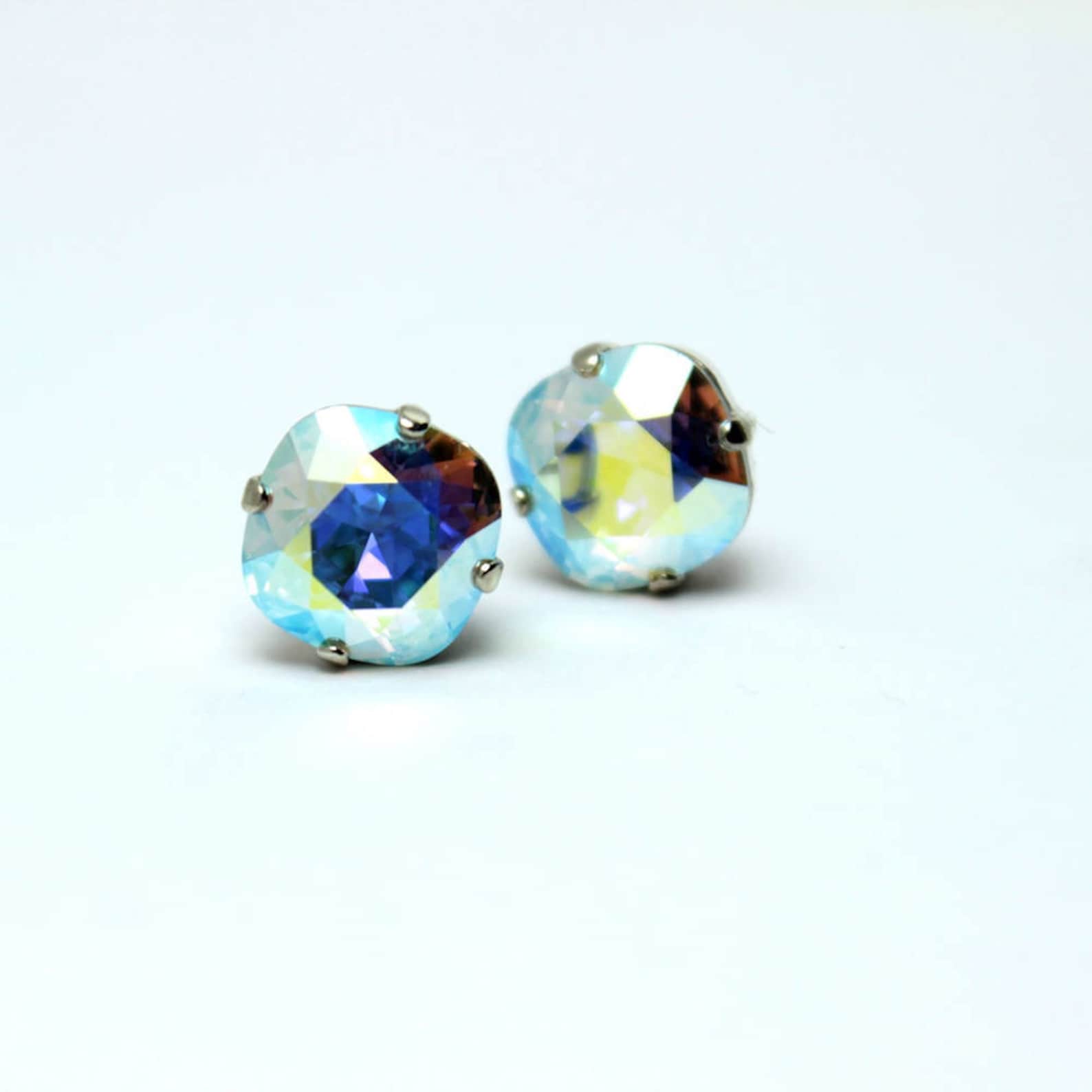 Light Azore Blue Crystal Stud Earrings Classic Sparkling Pale - Etsy
