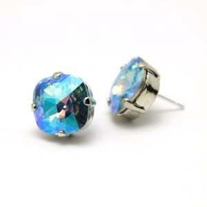 Aquamarine Blue Crystal Stud Earrings Classic Rose Cut Cushion Shimmer ...