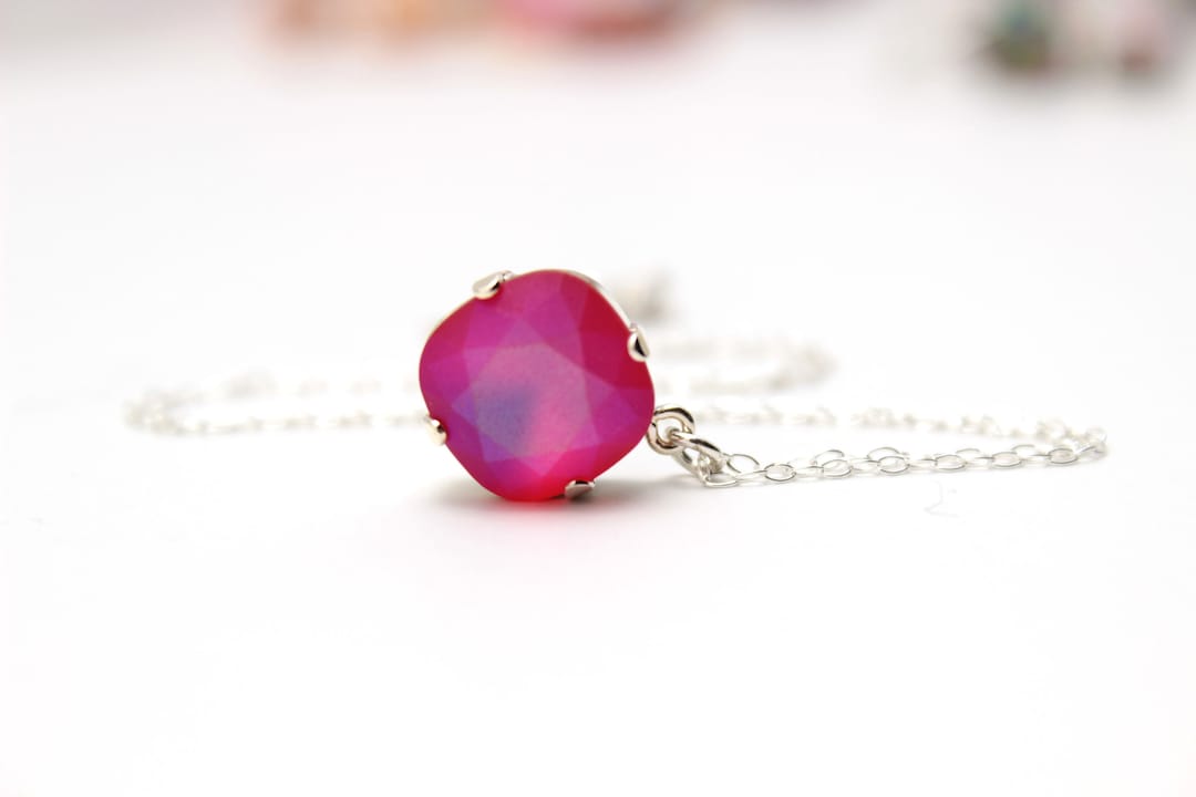 Hot Pink Matte Crystal Necklace Bright Pink Pastel Solitaire Swarovski ...