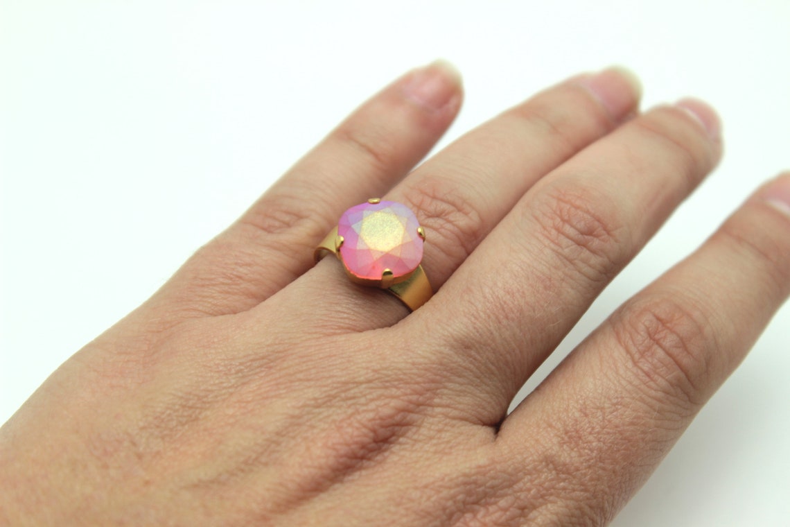 Bight Pink Ring Swarovski Crystal Cocktail Ring Matte Pastel - Etsy